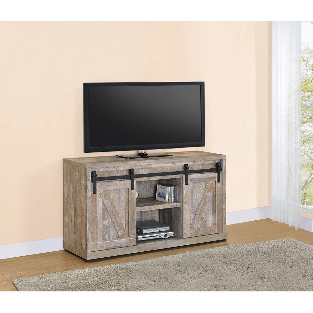 48-inch 3-shelf Sliding Doors Tv Console - Weathered Oak – Washburn's ...